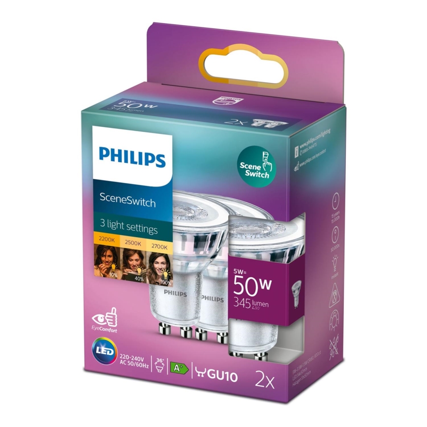 KÉSZLET 2x LED Izzó Philips SCENE SWITCH GU10/5W/230V 2200/2500/2700K | lampak.hu